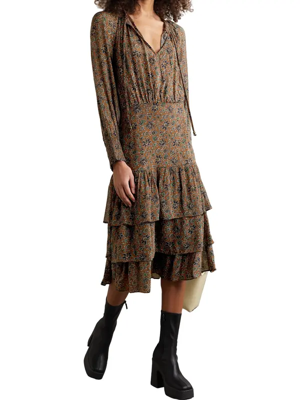 Veronica Beard Tunis Floral-print Crepe De Chine Midi Dress - Brown