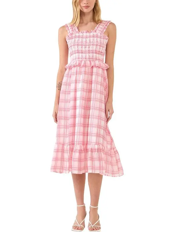 English Factory Plaid Ruffle Midi Dress - Red