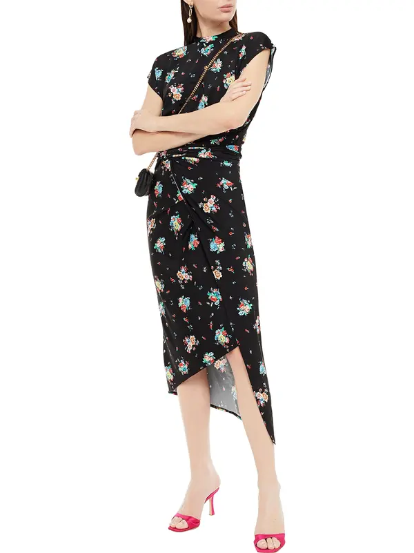 Rabanne Draped Floral-print Stretch-jersey Midi Dress - Black