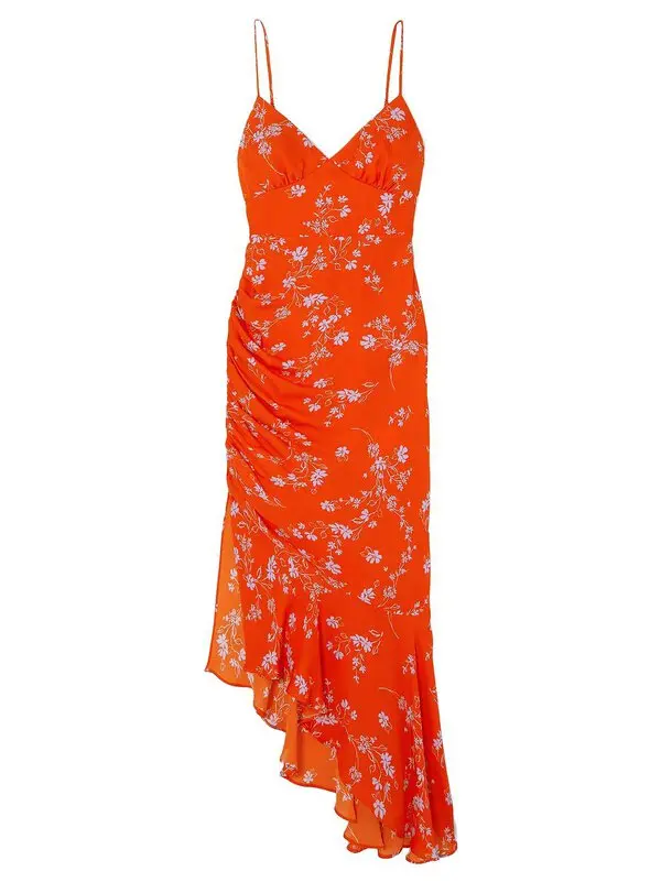 NICHOLAS Asymmetric Ruched Printed Silk-chiffon Midi Slip Dress - Tomato Red
