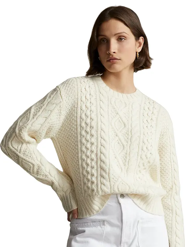 Ralph Lauren Aran-knit Wool-blend Crewneck Sweater - Cream