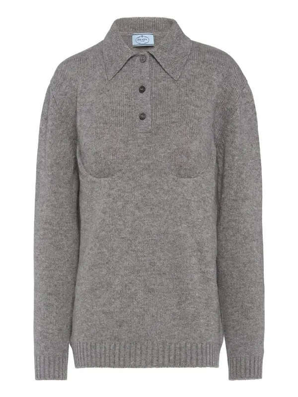 Prada Bra-detailed Cashmere Polo Sweater - Grey