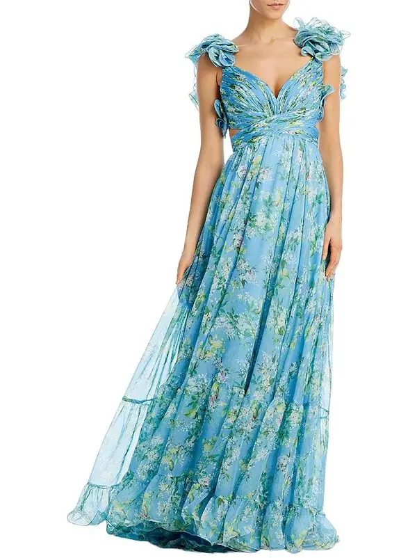 Mac Duggal Floral Cut-out Chiffon Gown - Blue Multi