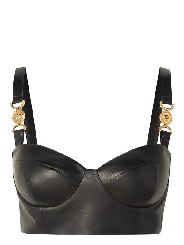 Versace Icons Embellished Jersey-panel Leather Bustier Top - Black