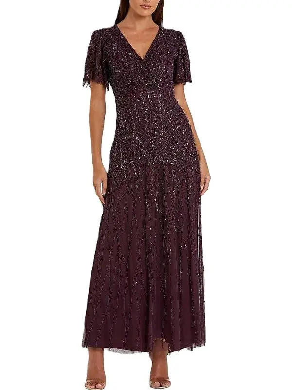 Mac Duggal Embellished Flutter Sleeve Gown - Aubergine