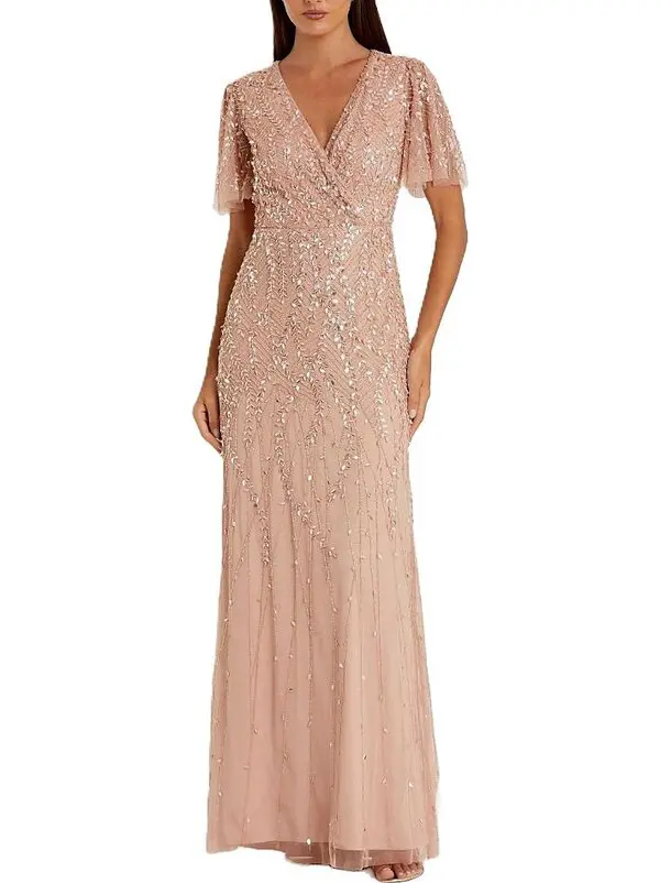 Mac Duggal Embellished Flutter Sleeve Gown - Nude
