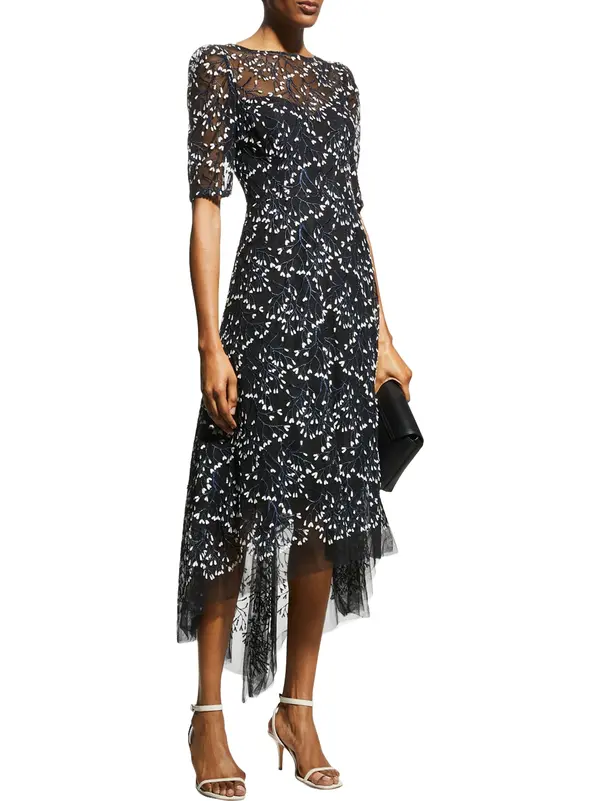 Rickie Freeman For Teri Jon 3d Lace High-low Dress - Black Multi