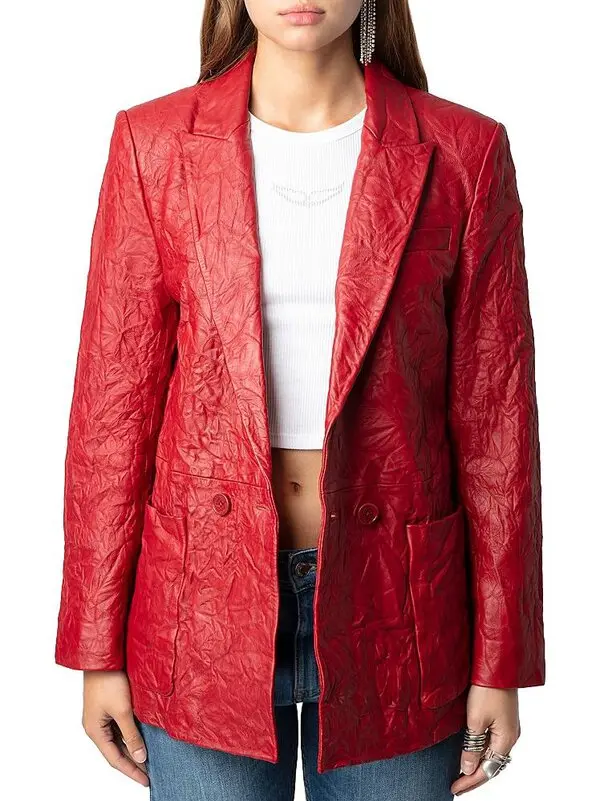 Zadig&Voltaire Visko Cuir Froisse Leather Blazer - Crimson