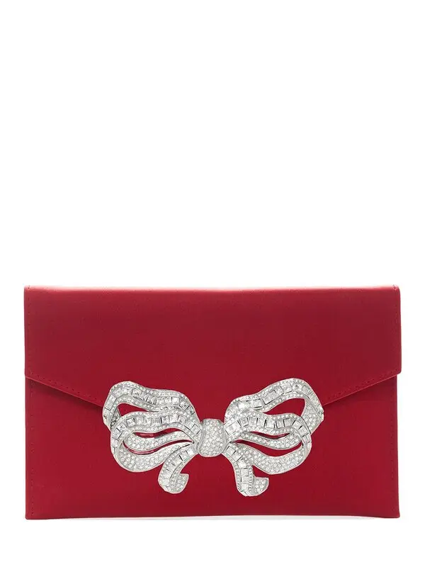 Judith Leiber Crystal Bow Satin Envelope Clutch - Silver Crimson