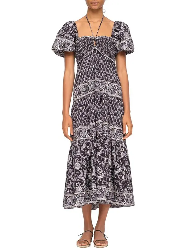 Sea Jasper Border Puff-sleeve Midi Dress - Print