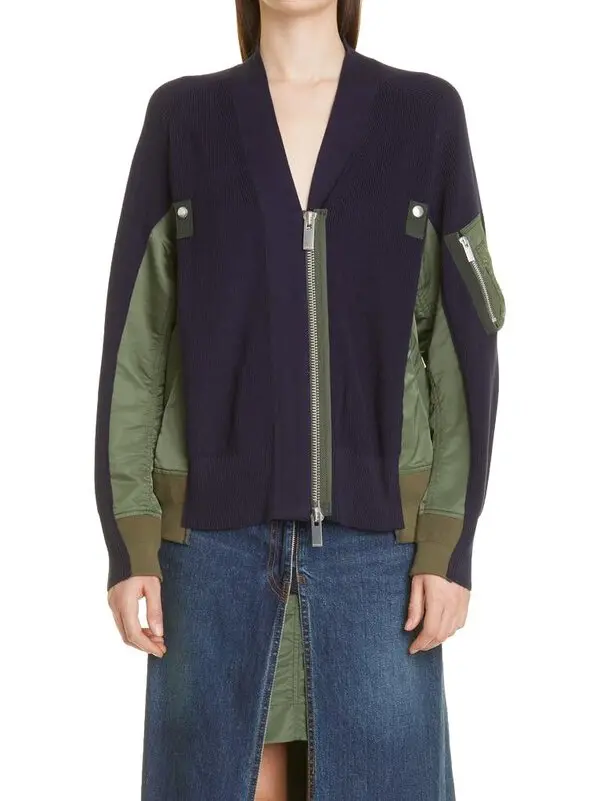 Sacai Hybrid Cotton & Nylon Ma-1 Sweater Jacket - Navy