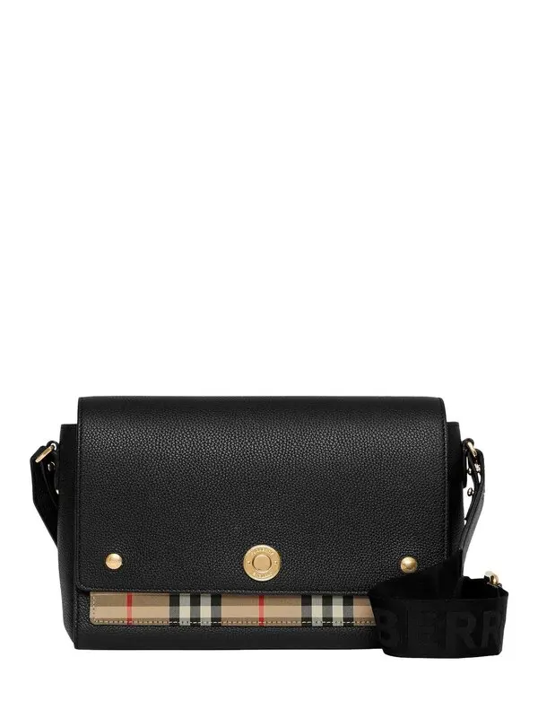 Burberry Note Leather & Vintage Check Crossbody Bag - Black