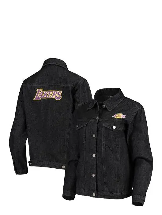THE WILD COLLECTIVE Los Angeles Lakers Patch Denim Jacket - Black