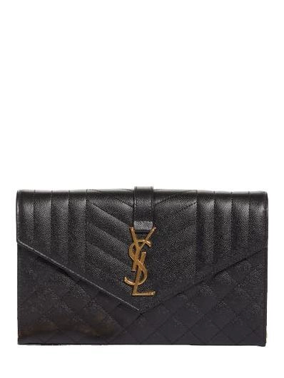 Saint Laurent Envelope Quilted Pebbled Leather Wallet On A Chain - Nero/nero/nero