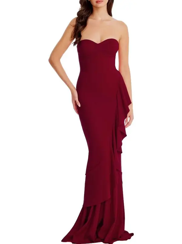 Dress The Population Paris Ruffle Strapless Mermaid Gown - Garnet