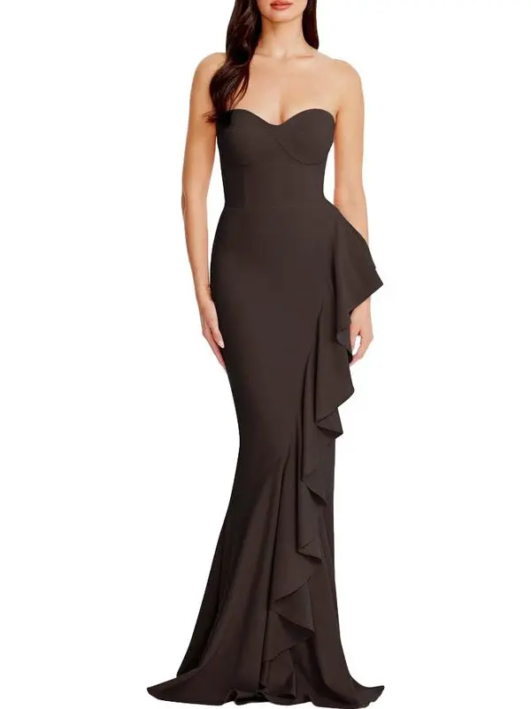 Dress The Population Paris Ruffle Strapless Mermaid Gown - Mocha
