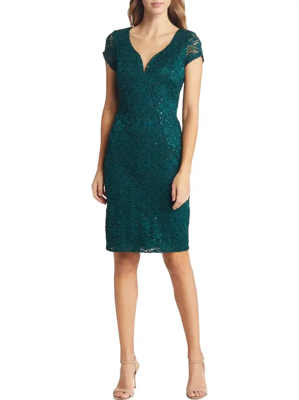 CONNECTED APPAREL Sweetheart Neck Sequin Lace Cocktail Dress - Hunter