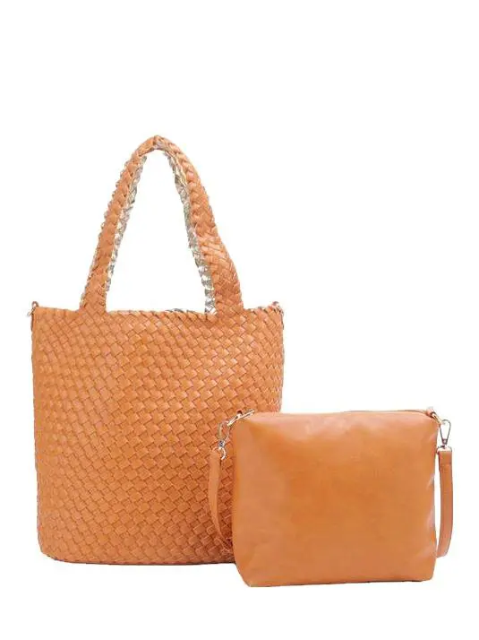 MALI + LILI Ray Convertible Woven Vegan Leather Tote - Orange