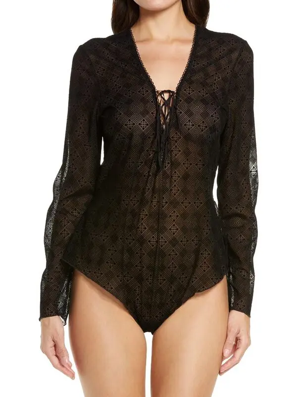 COQUETTE Long Sleeve Geo Lace Bodysuit - Black