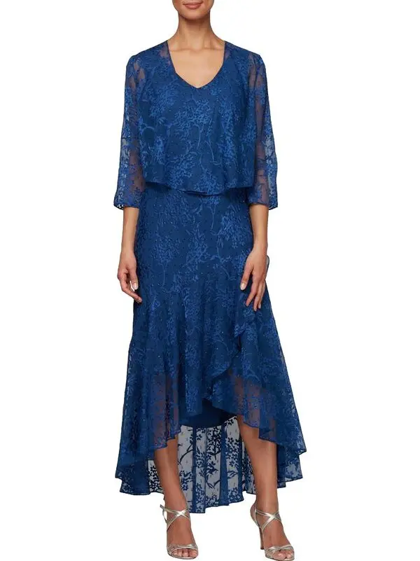 Alex Evenings Textured Floral Burnout High-low Gown With Jacket - Royal