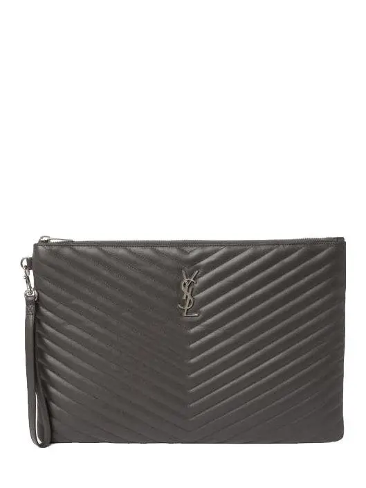 Saint Laurent Large Monogram Matelassé Leather Pouch - Coal