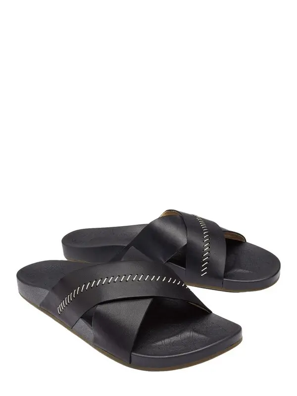 Olukai Kipea Olu Leather Slide Sandals - Black/black