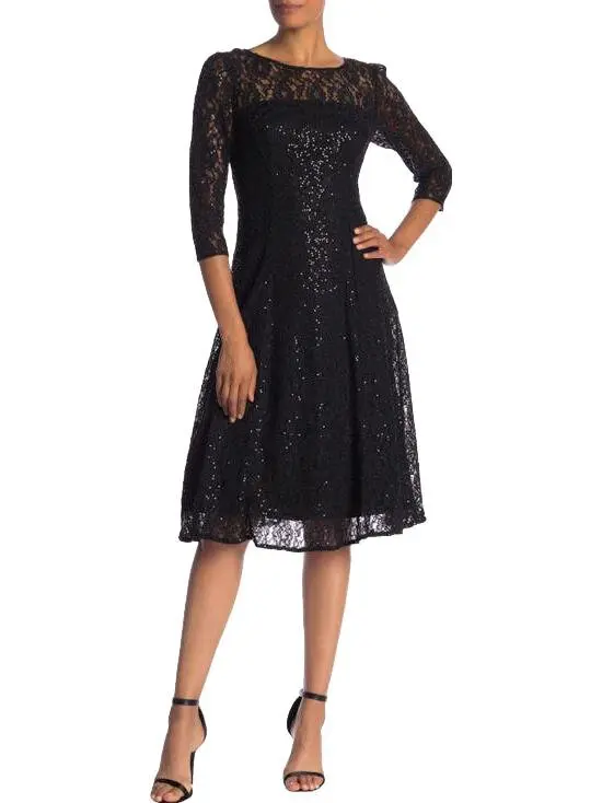 SL FASHIONS Lace Overlay Fit & Flare Midi Dress - Black