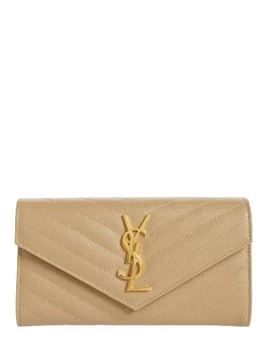Saint Laurent Monogramme Logo Leather Flap Wallet - Latte