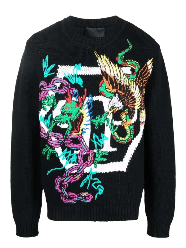 Philipp Plein Patterned Intarsia-knit Jumper - Black