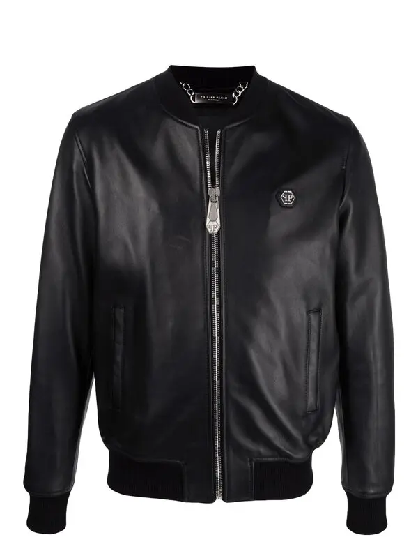 Philipp Plein Sheepskin Leather Bomber Jacket - Black