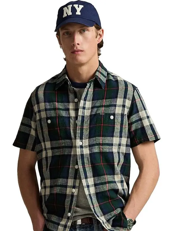 Ralph Lauren Classic Fit Plaid Linen-cotton Shirt - Navy Green Multi