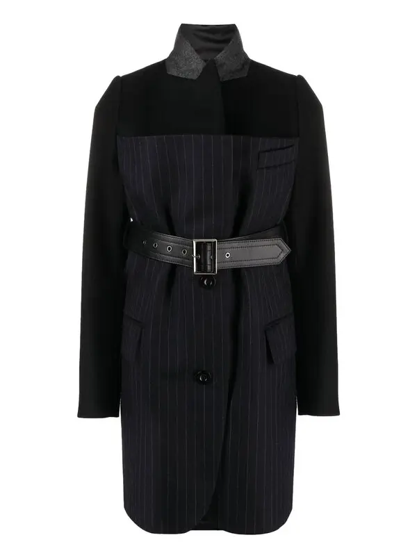 Sacai Belted Pinstriped Wool Blazer - Black