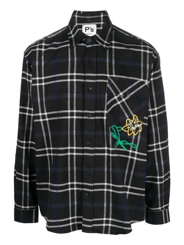 PRESIDENT’S Embroidered-floral Check Shirt - Grey