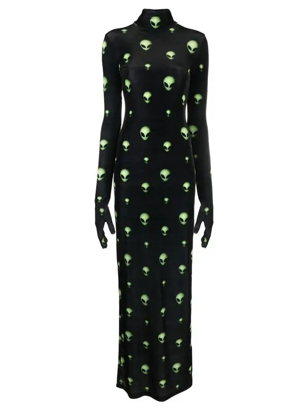 Vetements Graphic Print High Neck Long Sleeve Maxi Dress - Black