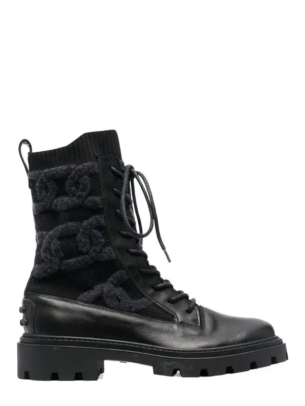 TOD'S Shearling Logo Combat Boots - Black