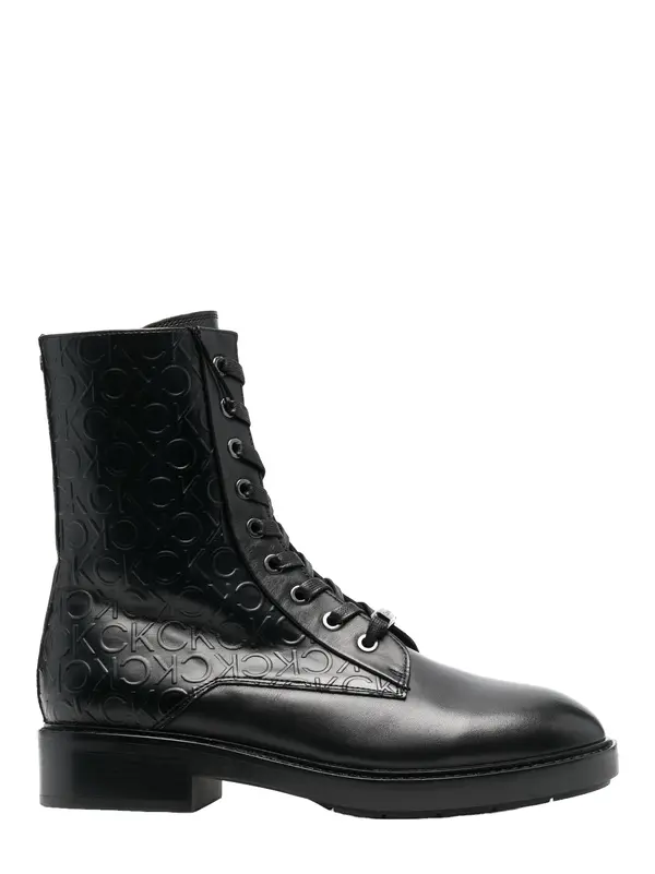 Calvin Klein Debossed Monogram Calf Leather Combat Boots - Black