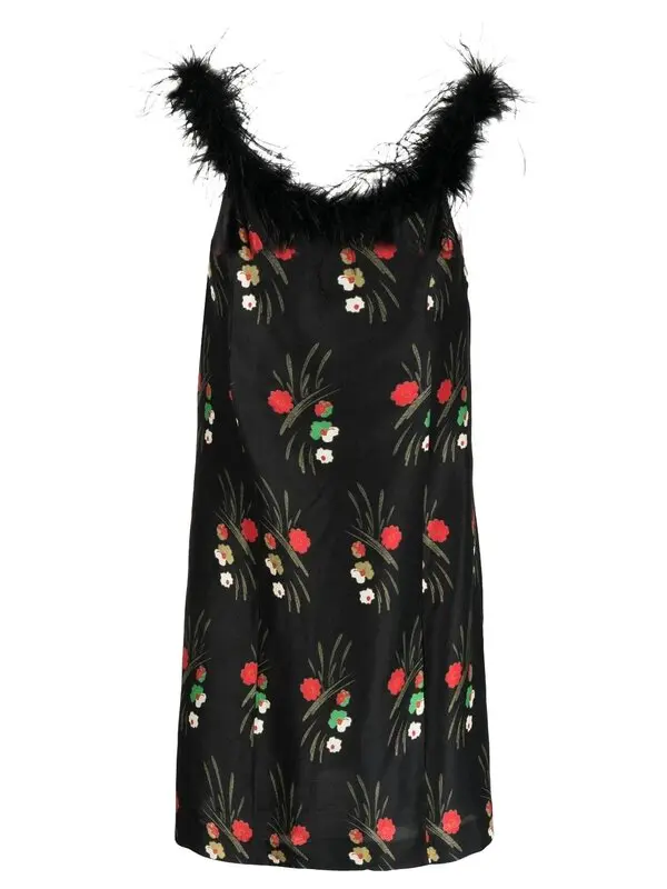 Rixo Floral-print Feather-trim Dress - Black