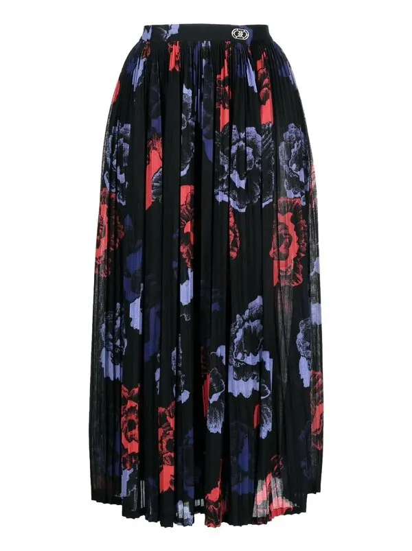 FERRAGAMO Pleated Floral Print Midi Skirt - Black
