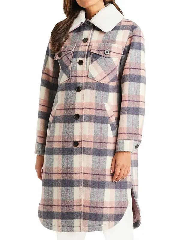 Sanctuary Plaid Coat With Sherpa Trim - Pink Plaid