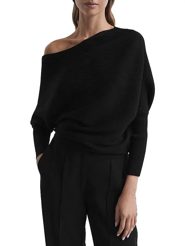 REISS Lorna Asymmetric Draped Knitted Jumper - Black