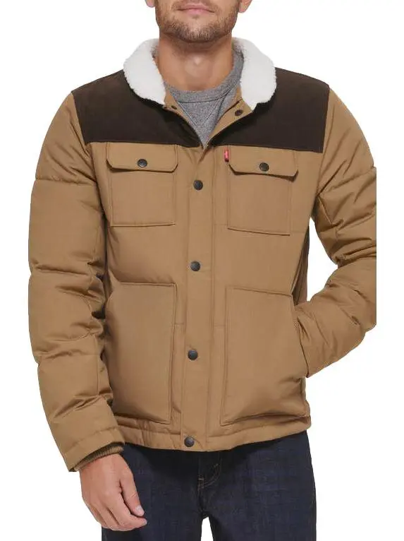 LEVI'S High Pile Fleece Puffer Jacket - Tan Dark Brown Corduroy Yoke