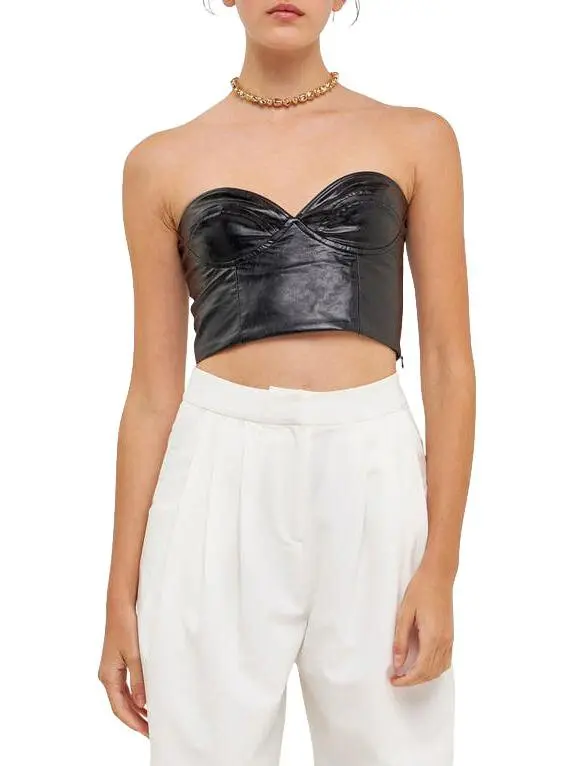 GREY LAB Strapless Faux Leather Bustier Crop Top - Black