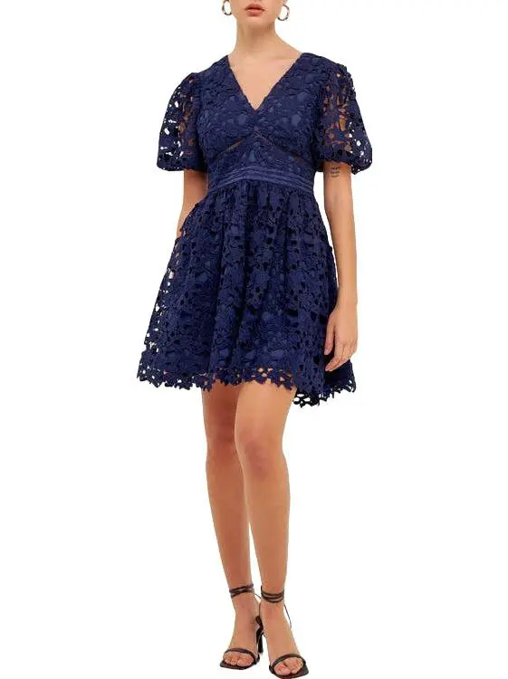 Endless Rose Puff Sleeve Lace Mini Dress - Navy
