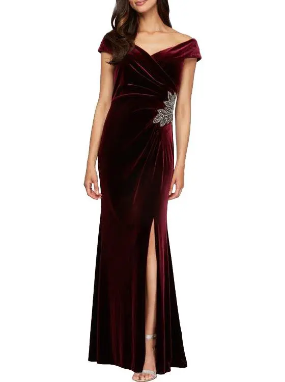 Alex Evenings Off The Shoulder Velvet Fit & Flare Gown - Wine