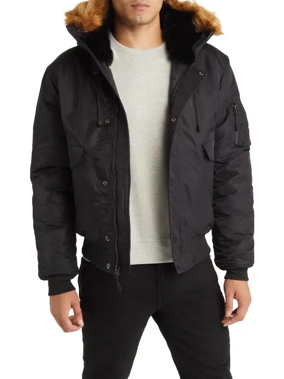 SCHOTT N-2b Hooded Flight Jacket With Faux Fur Trim - Black