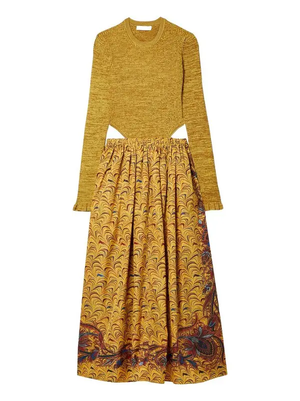 Ulla Johnson Marcellina Ribbed-knit And Printed Taffeta Midi Dress - Yellow