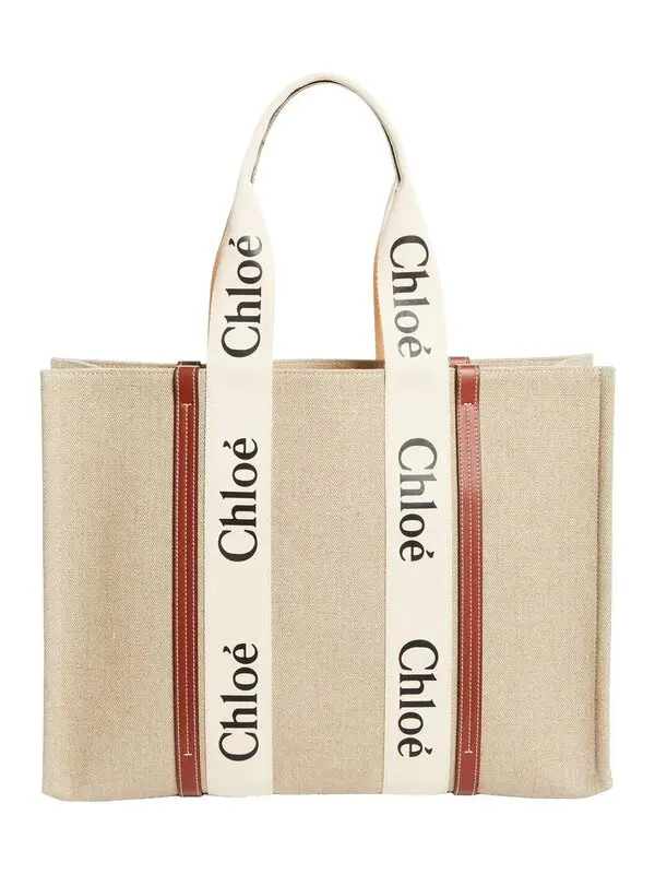Chloé Large Woody Linen Tote - White - Brown 1