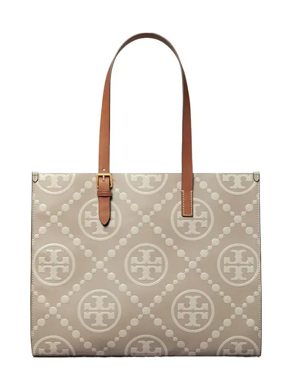 Tory Burch T Monogram Embossed Leather Tote - Longan/new Cream