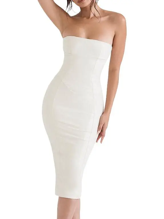 House Of Cb Camilla Strapless Faux Leather Body-con Dress - Ivory
