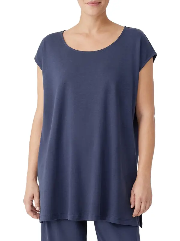Eileen Fisher Scoop Neck Organic Cotton Tunic With Cap Sleeves - Indigo